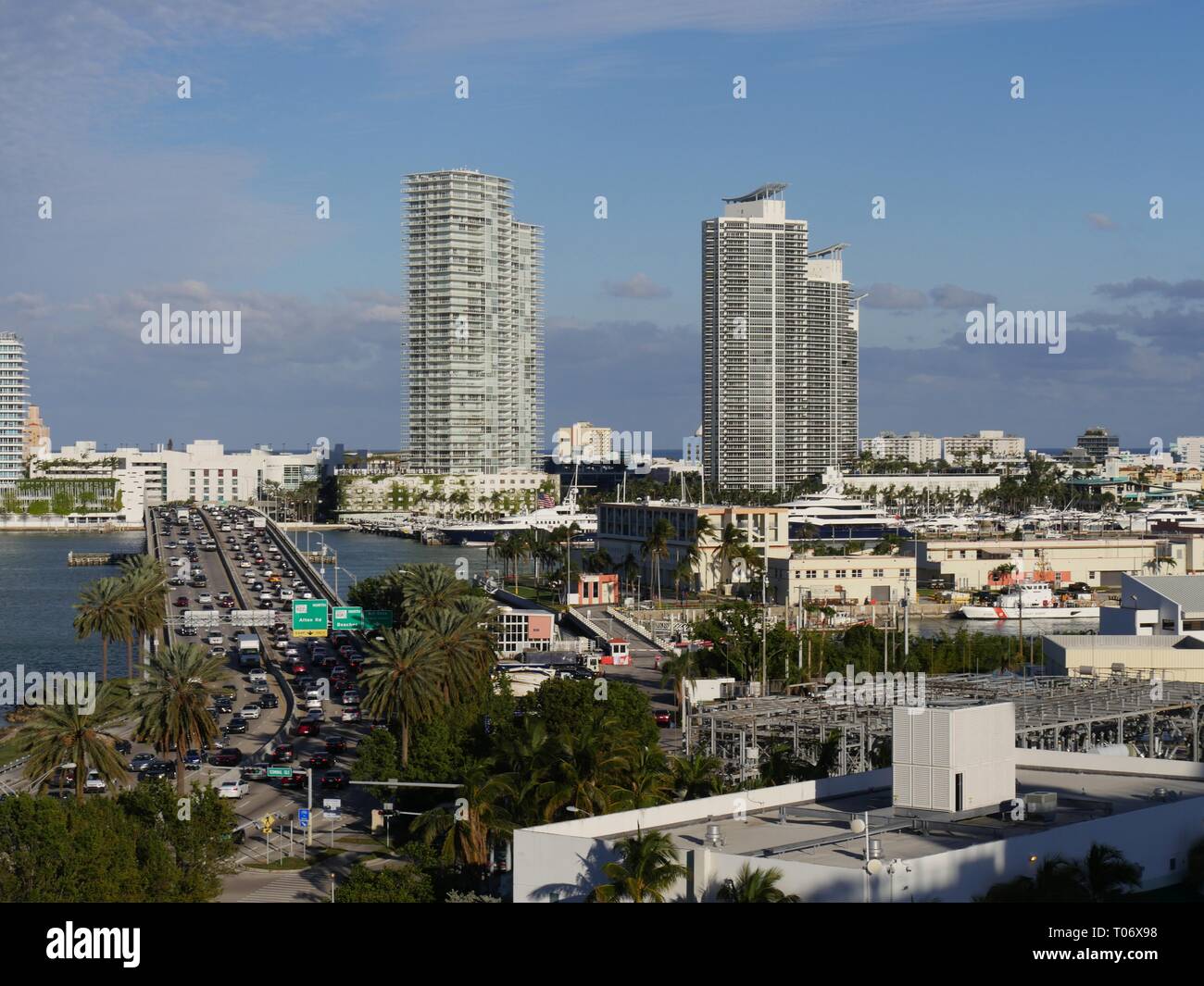 MIAMI, FLORIDA, USA—JANUARY 2018: High rise buildings and a glimpse of ...