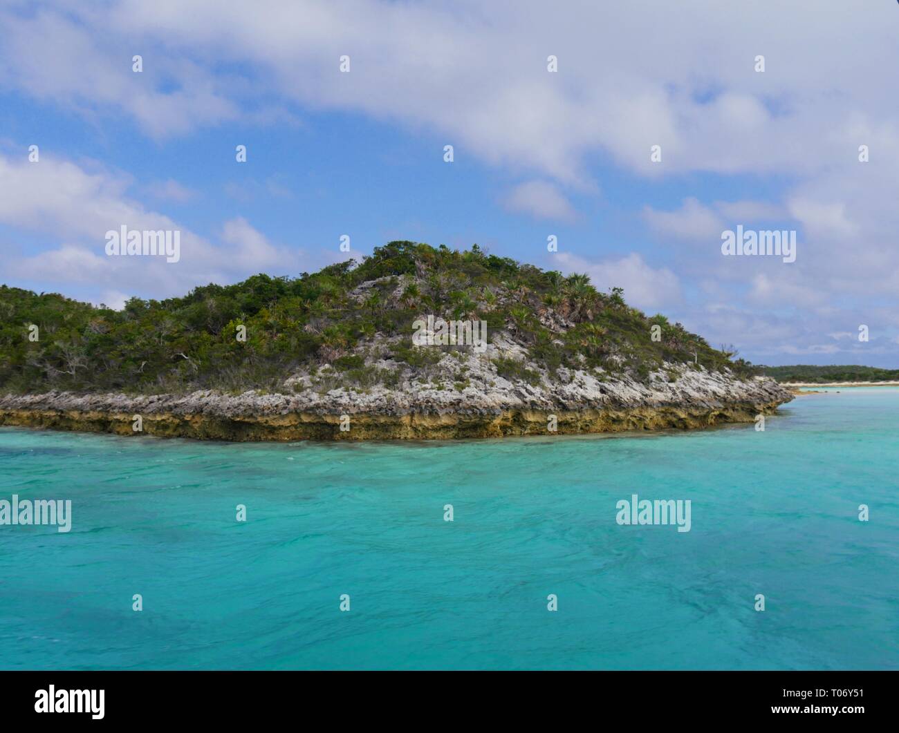 Close up of one of the islands in the Exuma Cays, surrounded by clear ...