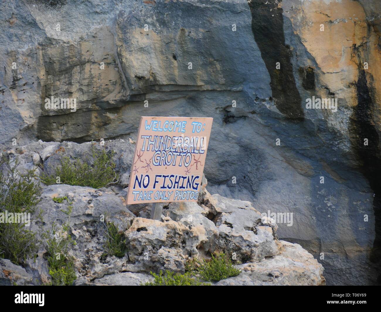 Close up of the sign at the Thunderball Grotto in the Exuma Cays ...