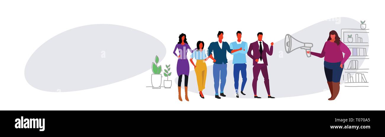 overweight fat businesswoman boss holding megaphone screaming at ...