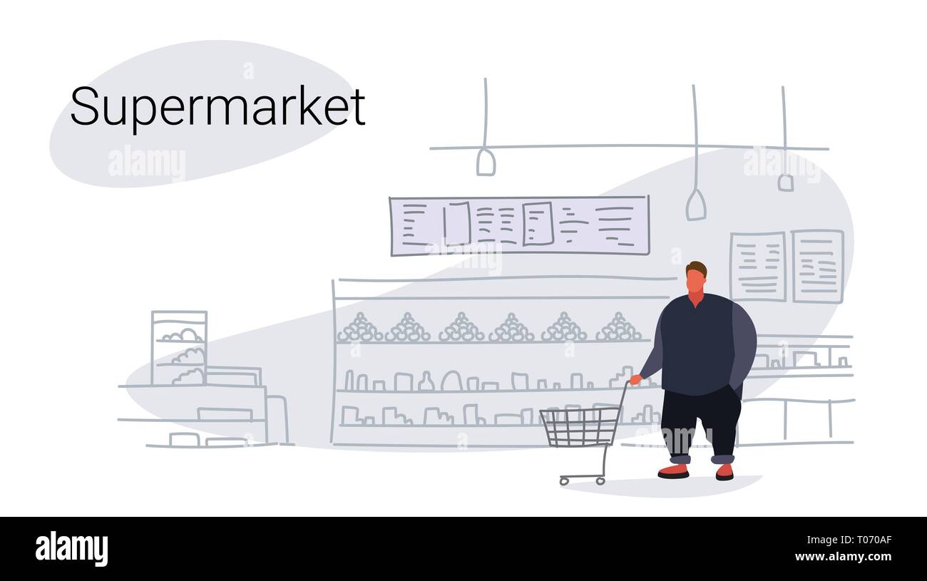 fat overweight man pushing trolley cart buying products in grocery shop ...