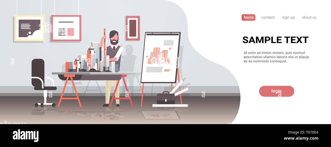 Man Architect Holding Level Engineer Working With New Building City Model Urban Panning Project