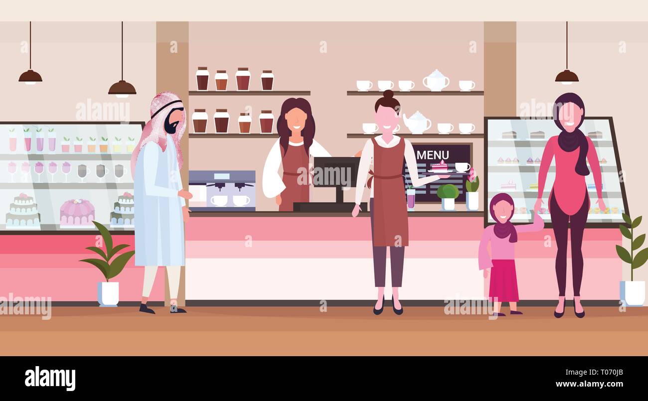 female barista coffee shop worker serving arab people clients giving ...