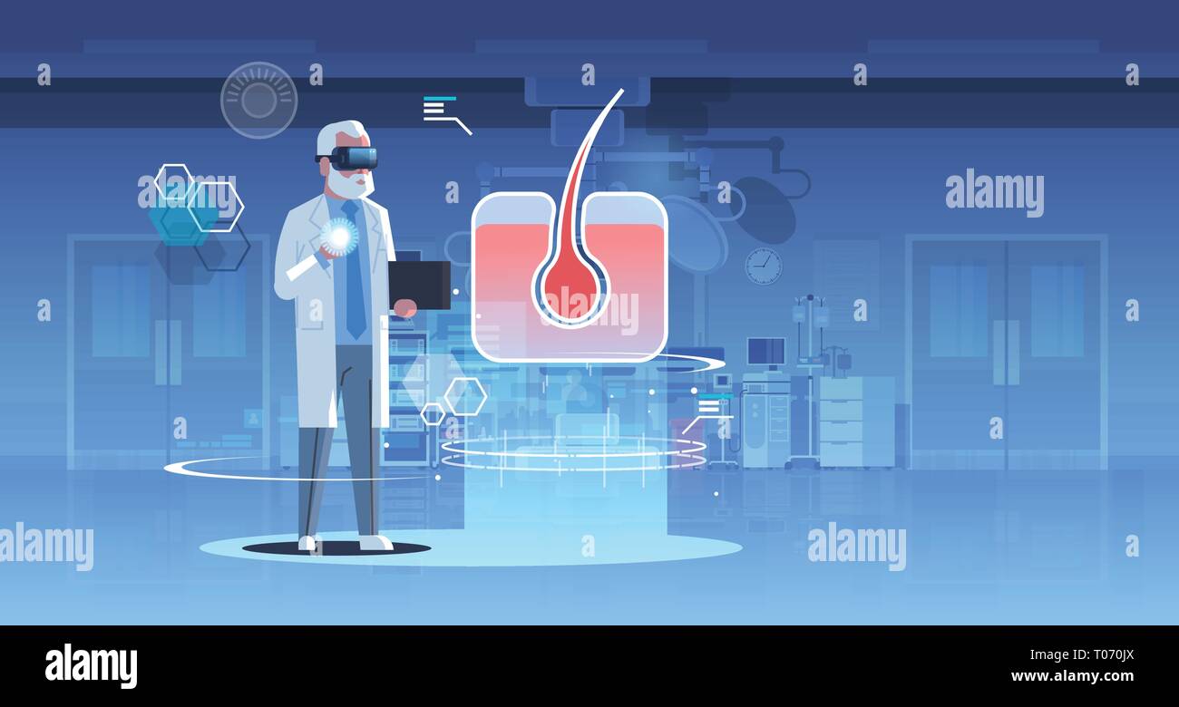 male doctor wearing digital glasses looking virtual reality hair ...