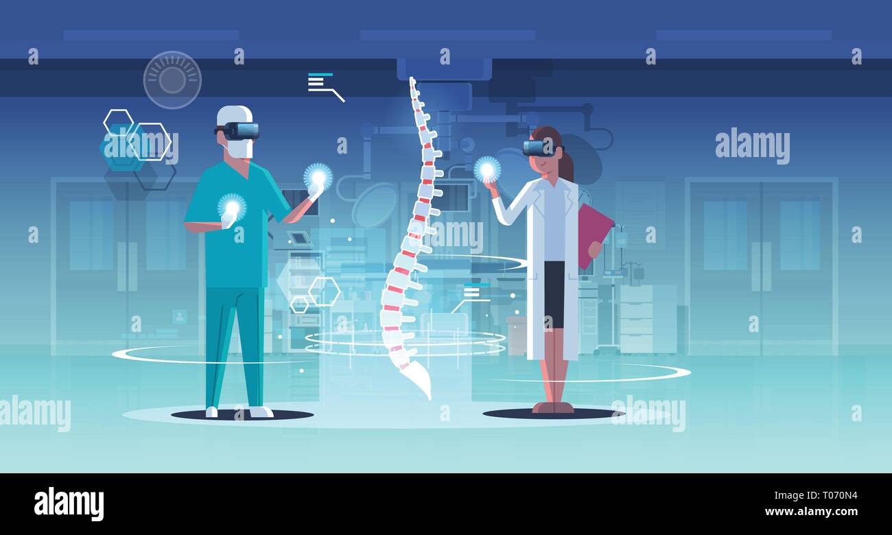 doctors couple wearing digital glasses looking virtual reality spine ...