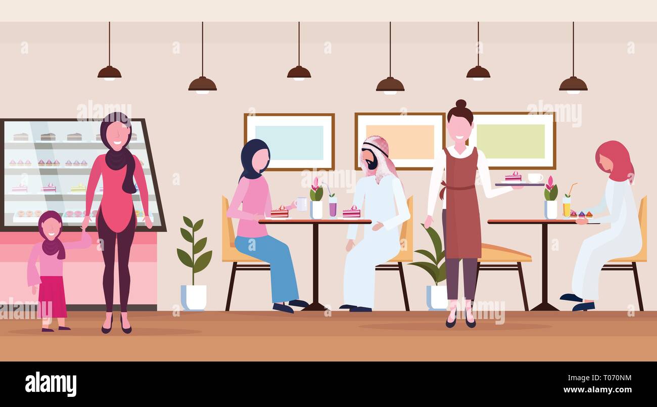 arabic people visitors sitting modern cafe shop waitress serving arab ...