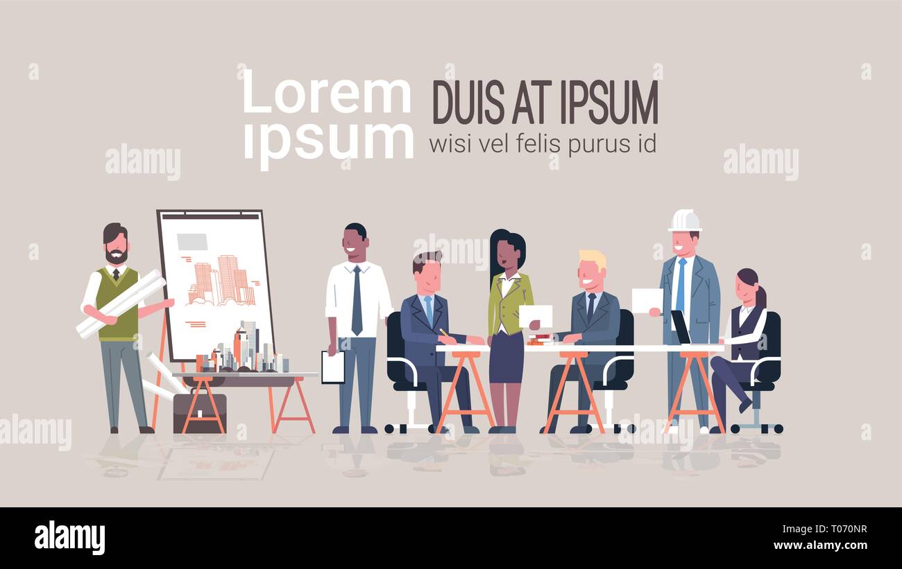 man architect showing drawing building blueprint on easel board to ...