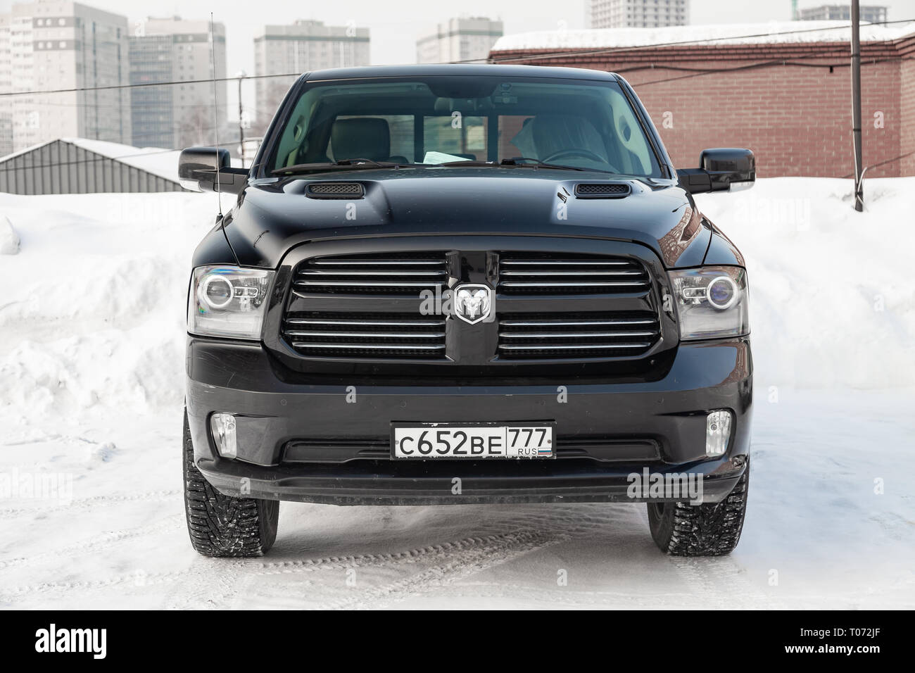 Novosibirsk, Russia - 12.01.2018: Black Dodge Ram with an engine of 5.7 ...
