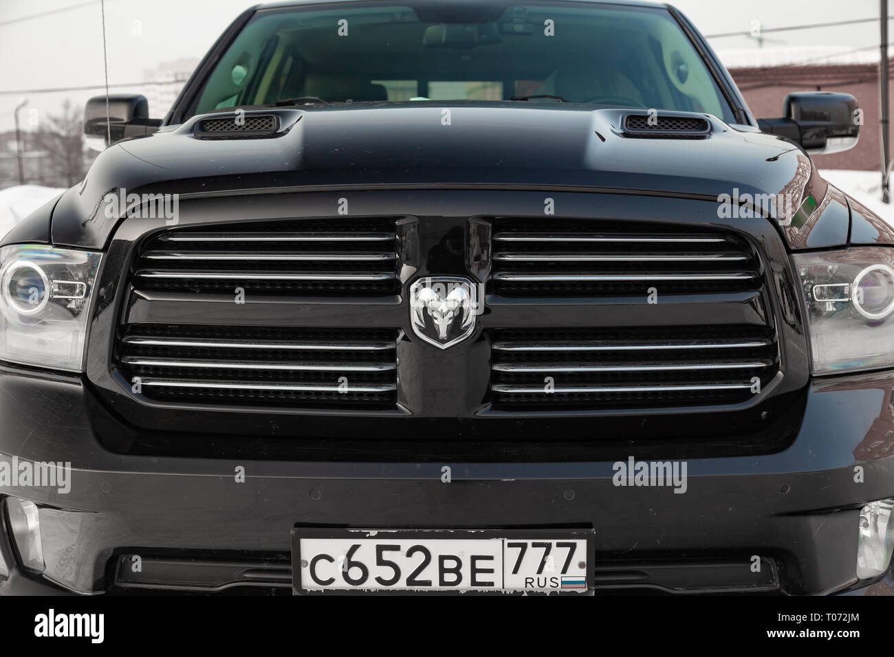 Novosibirsk, Russia - 12.01.2018: Black Dodge Ram with an engine of 5.7 ...