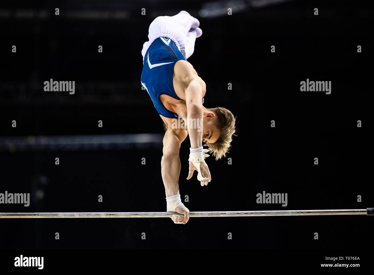 Liverpool, UK. 17th March, 2019. Jay Thompson performs High Bar in Men ...