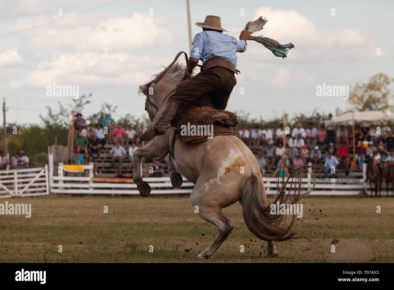 A Gaucho (Cowboy) seen riding a horse during the "Patria Gaucha" rodeo ...