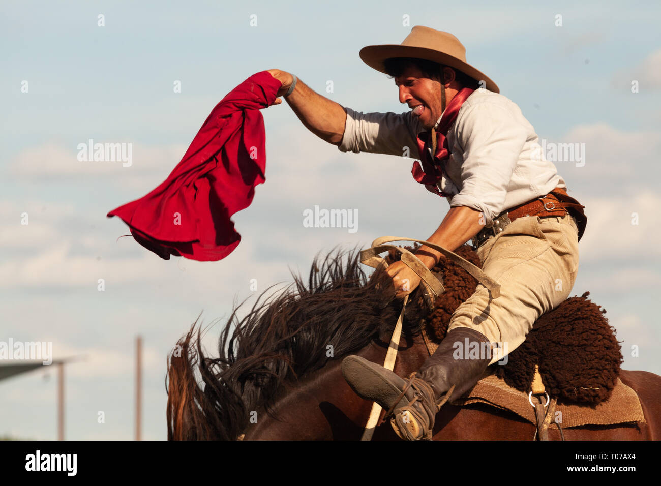 A Gaucho (Cowboy) seen riding a horse during the "Patria Gaucha" rodeo ...