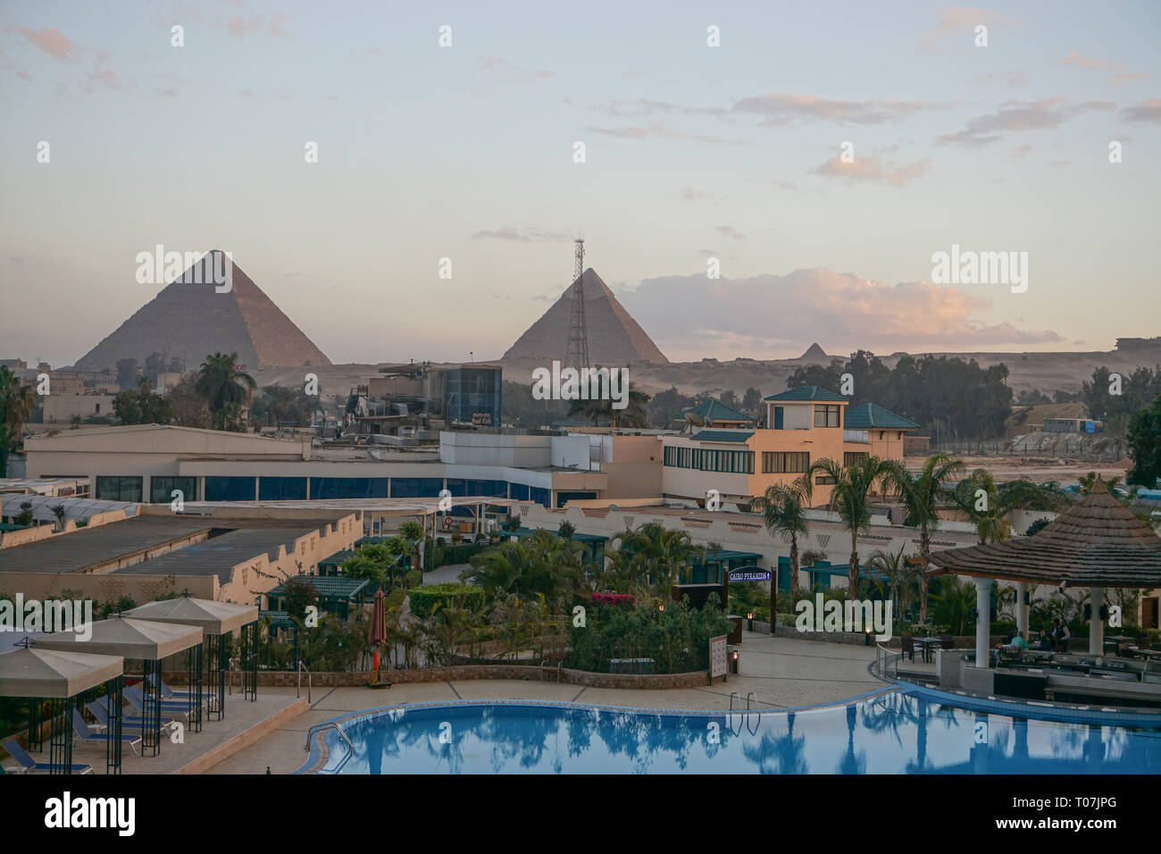Giza, Egypt: View of the Khufu pyramid complex from the courtyard of a ...