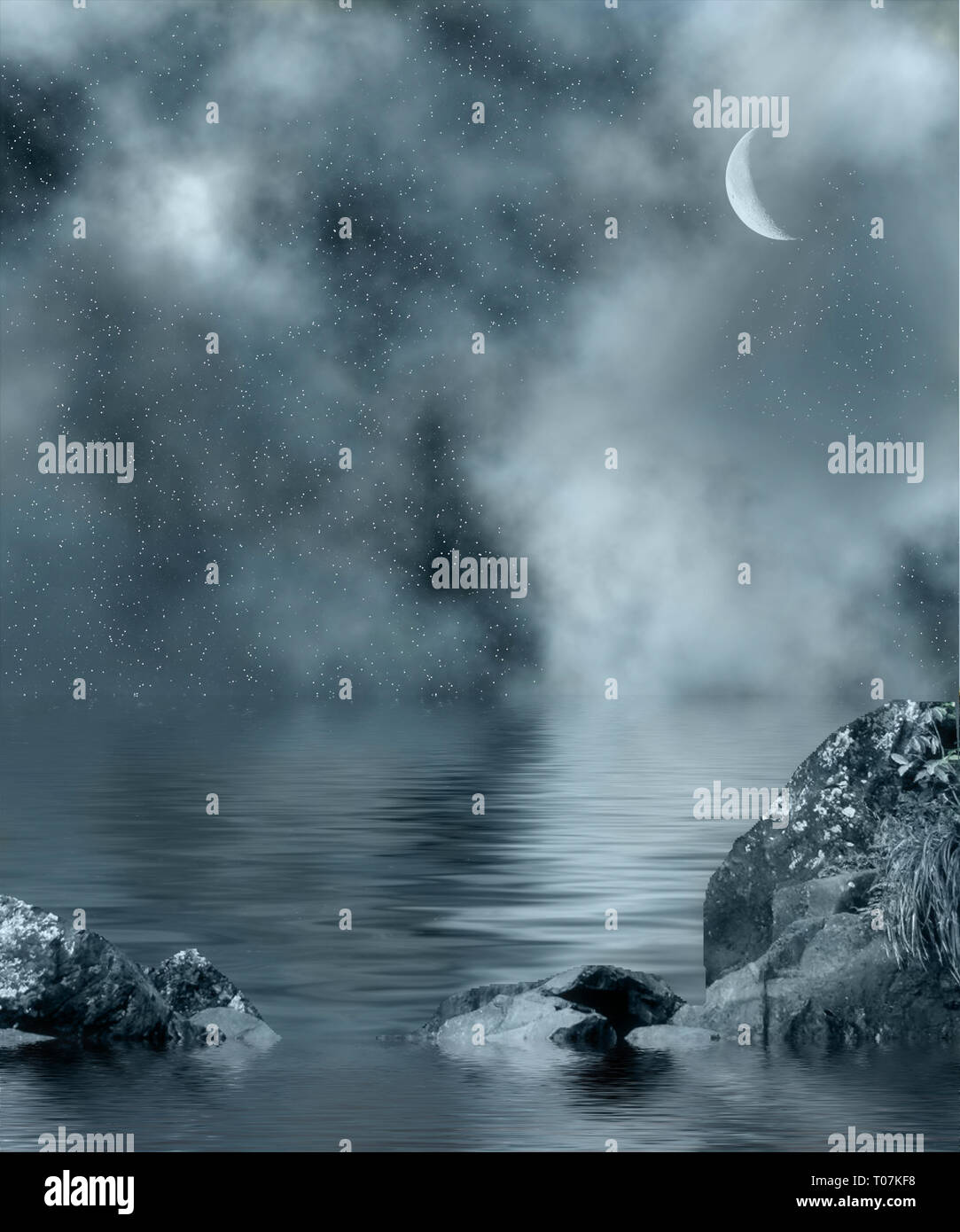 illustration of moon and stars with flowing water blue background like ...