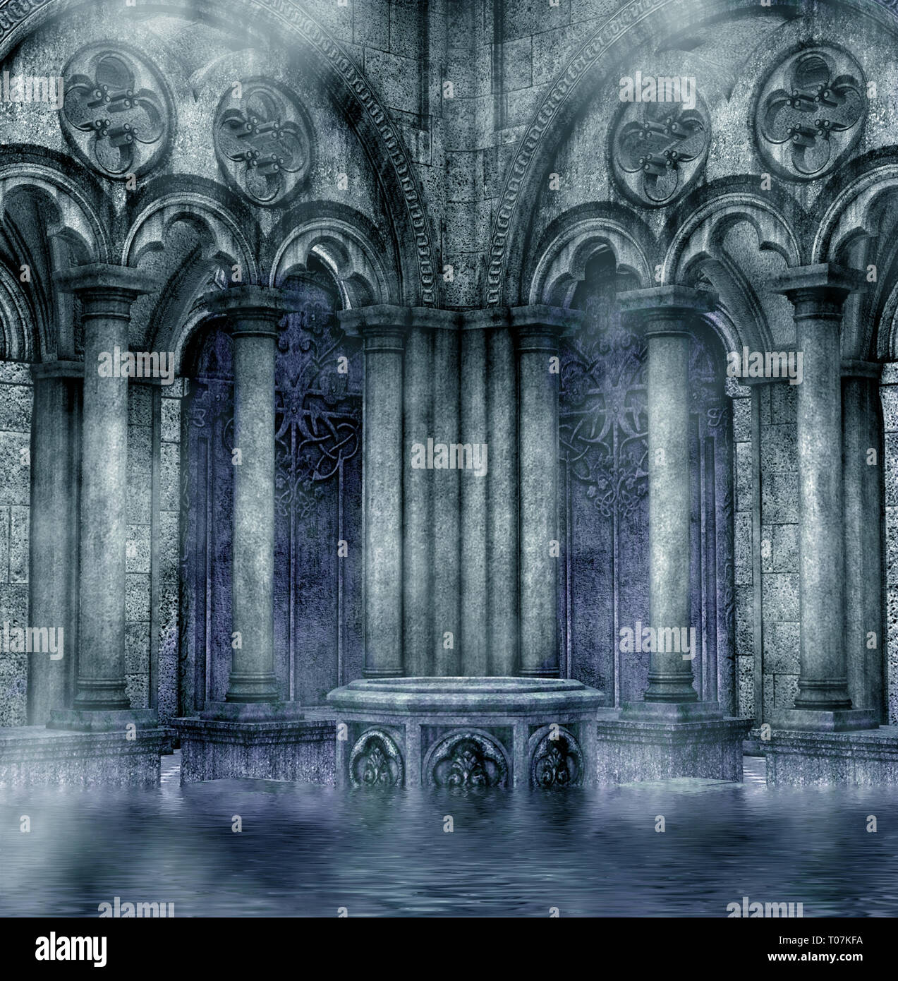 illustration of scary dark background with stone structures of arches ...