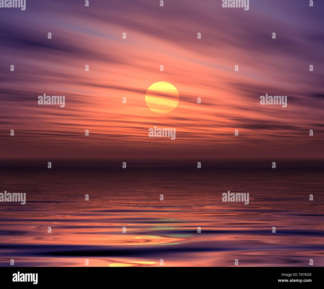 illustration of a sunset at evening with orange sun and its reflection ...
