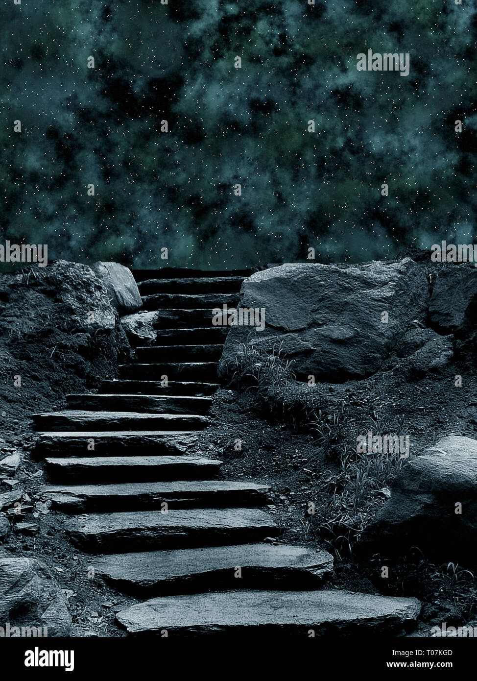 dark scary stone stairs background with stars in sky Stock Photo - Alamy