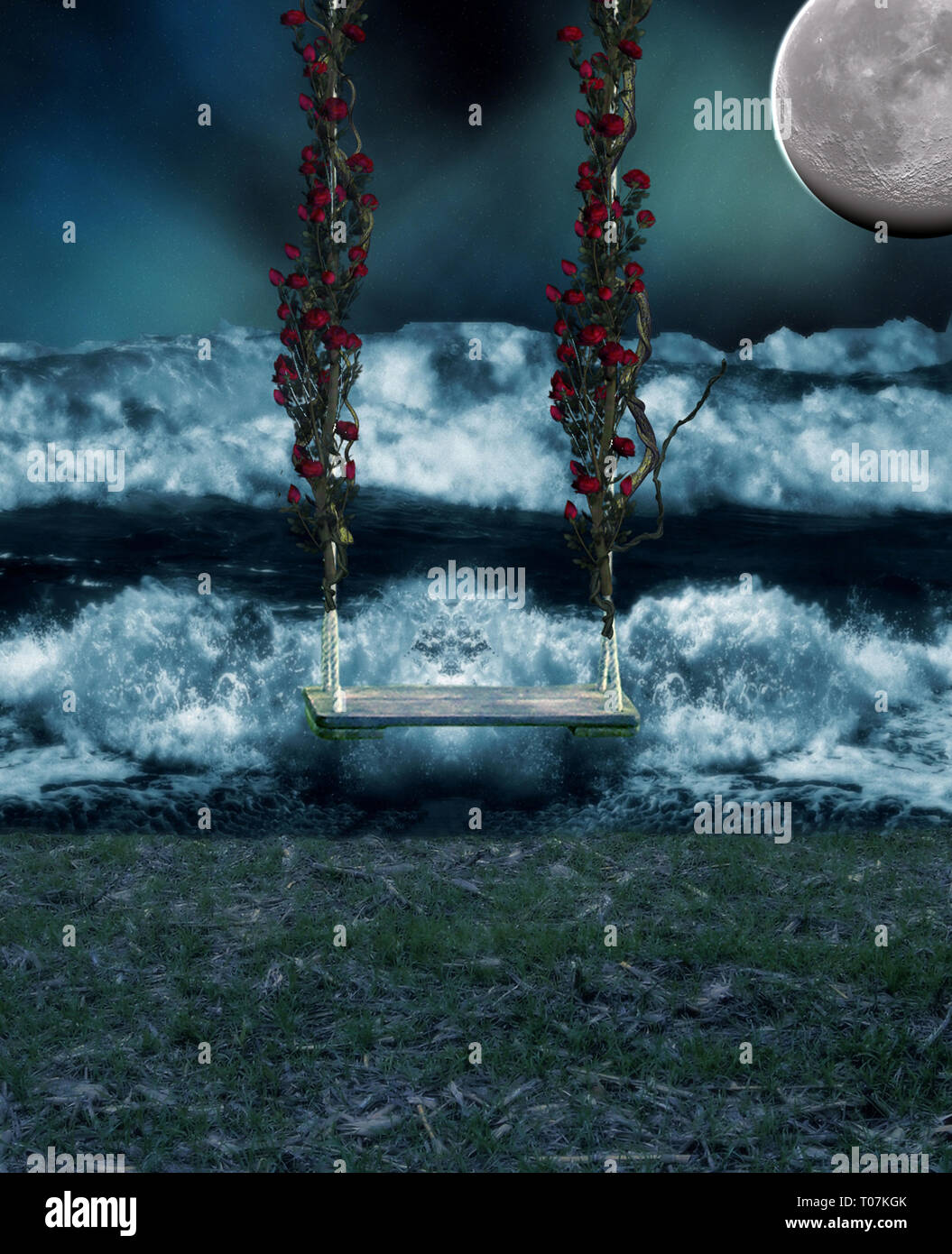 illustration of swing in an ocean with moon in the background Stock ...