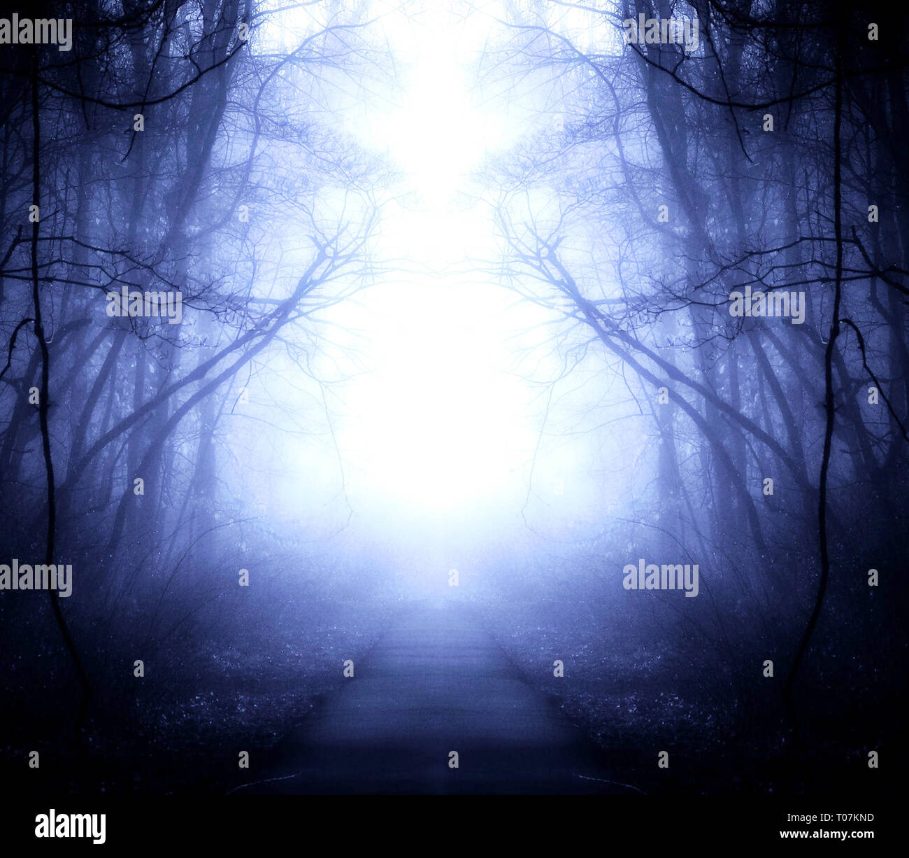 illustration of a dark scary place with a path leading to a bright ...