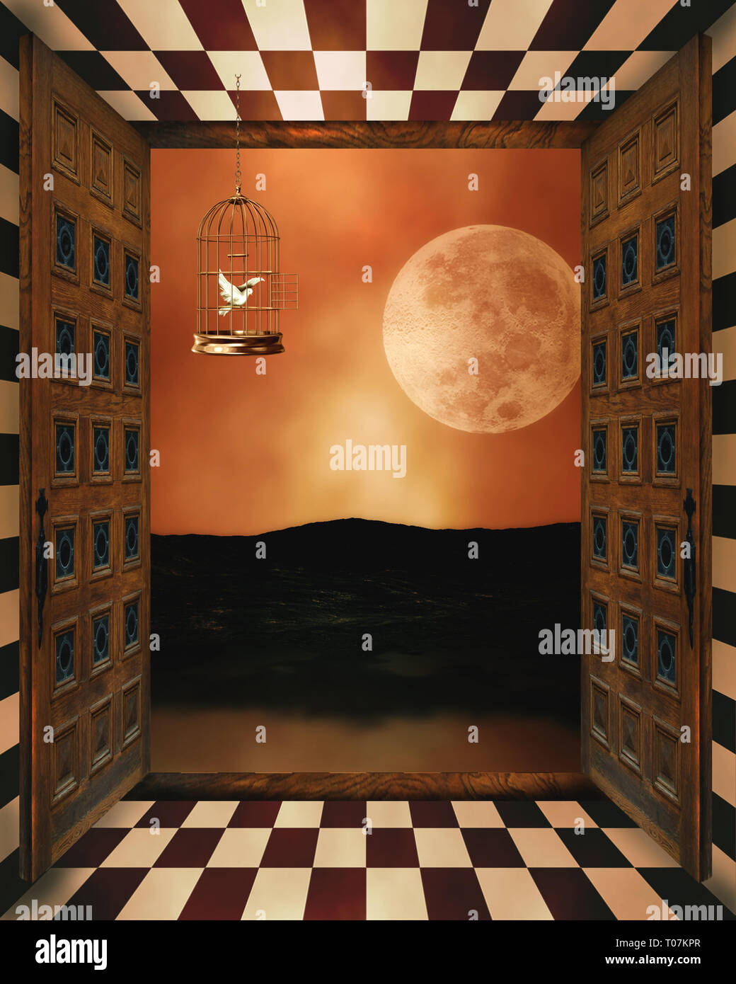 illustration of an entrance with a bird cage and orange moon in the ...