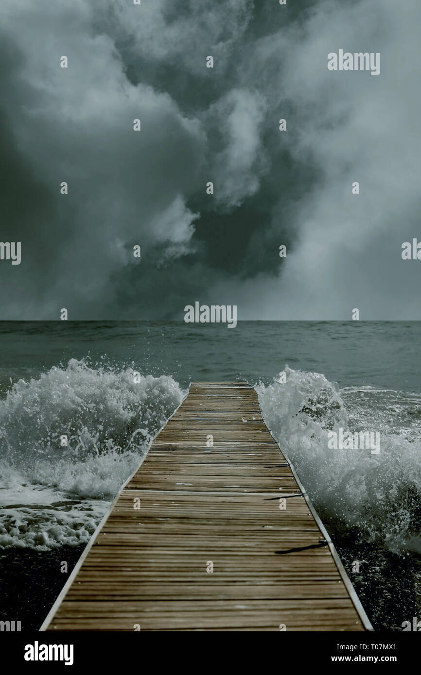 illustration of a bay leading to the ocean with horizon and waves Stock ...