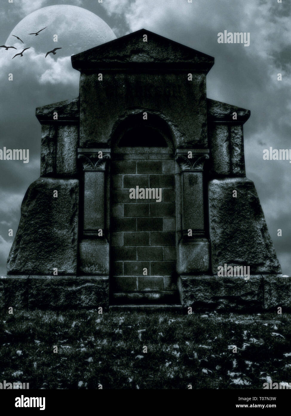 illustration of a scary dark stone monument in the background with moon ...