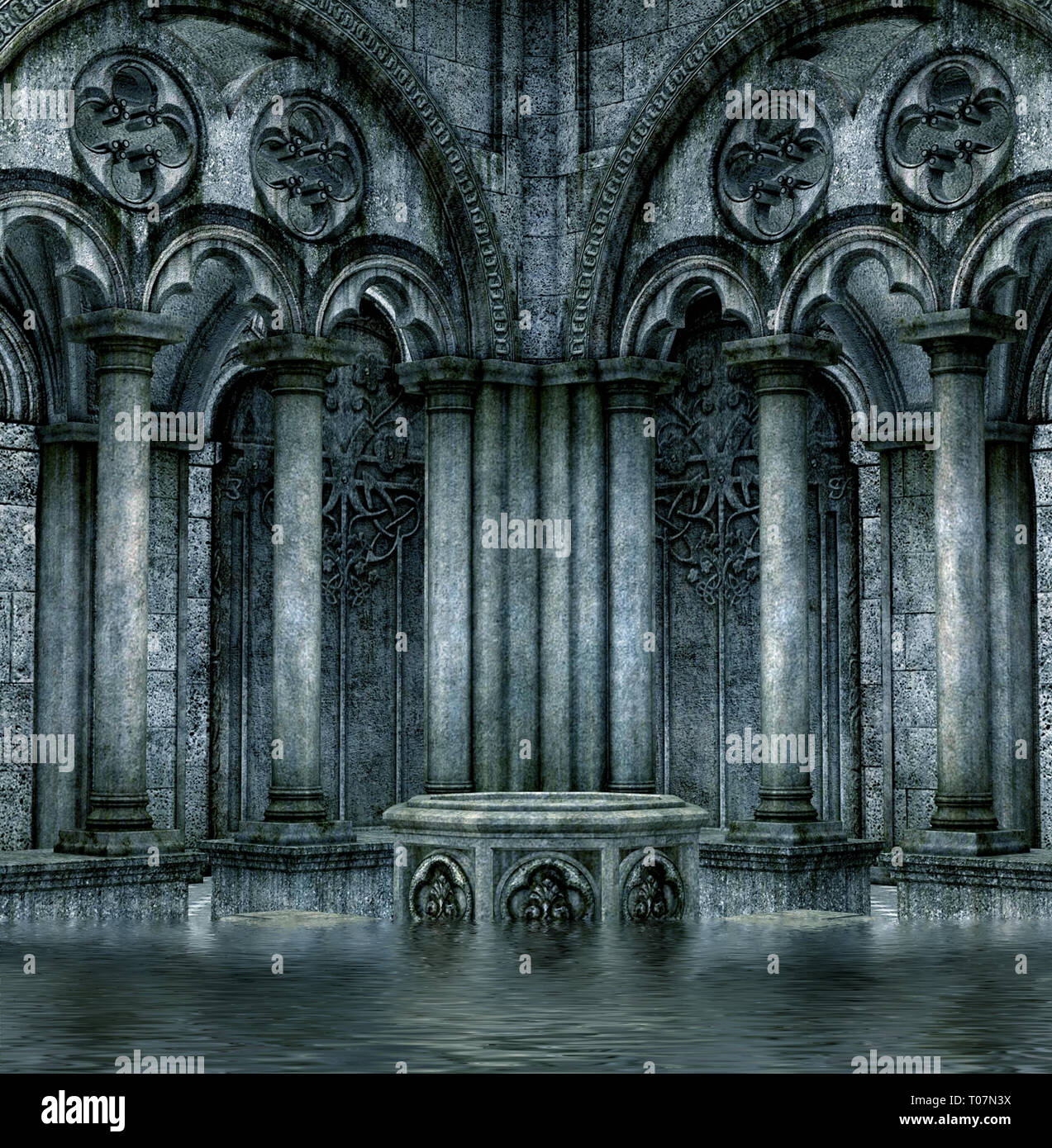an illustration of dark and scary stone structure interior with arches ...