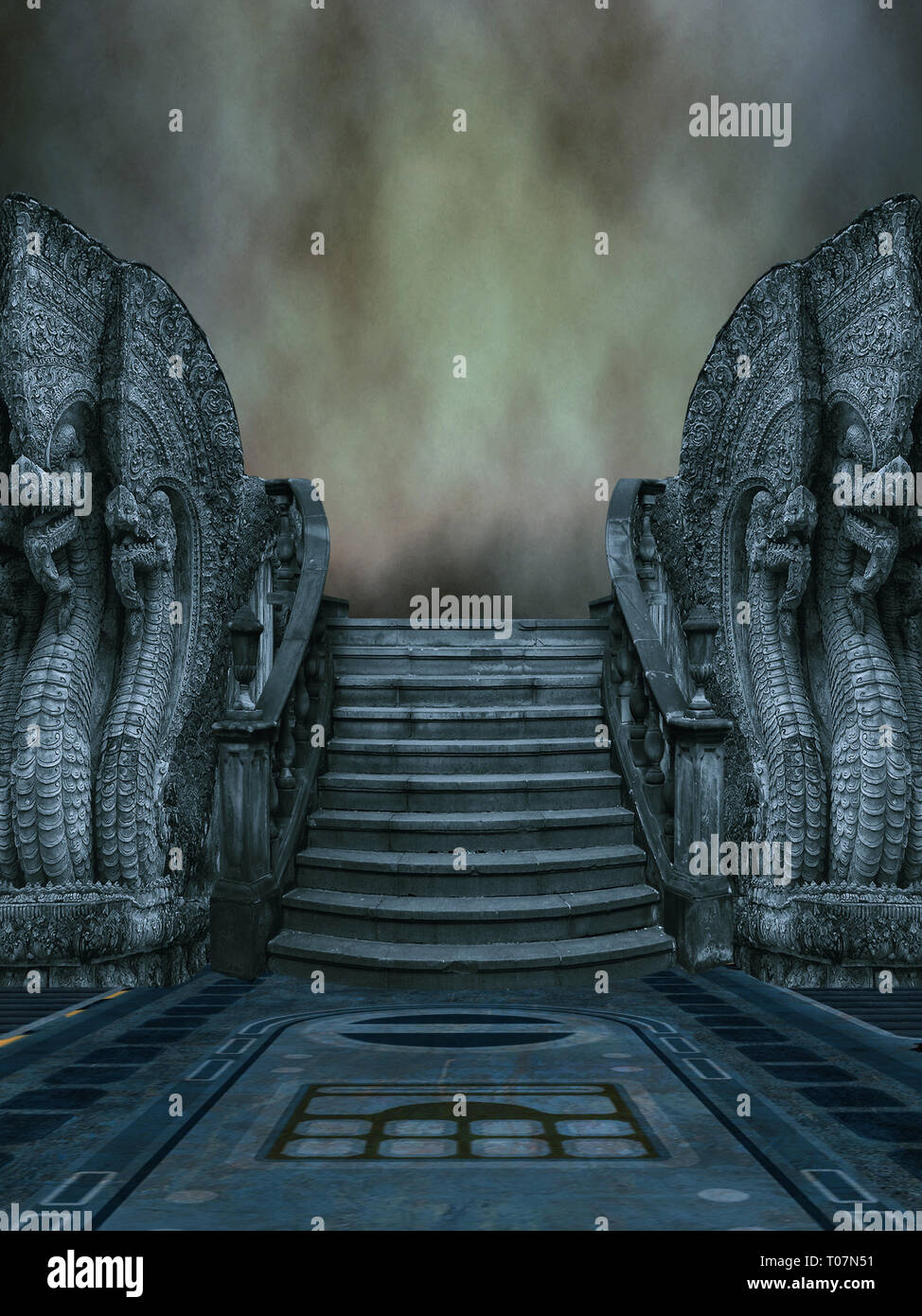 illustration of scary dark background with stone structures of stairs ...