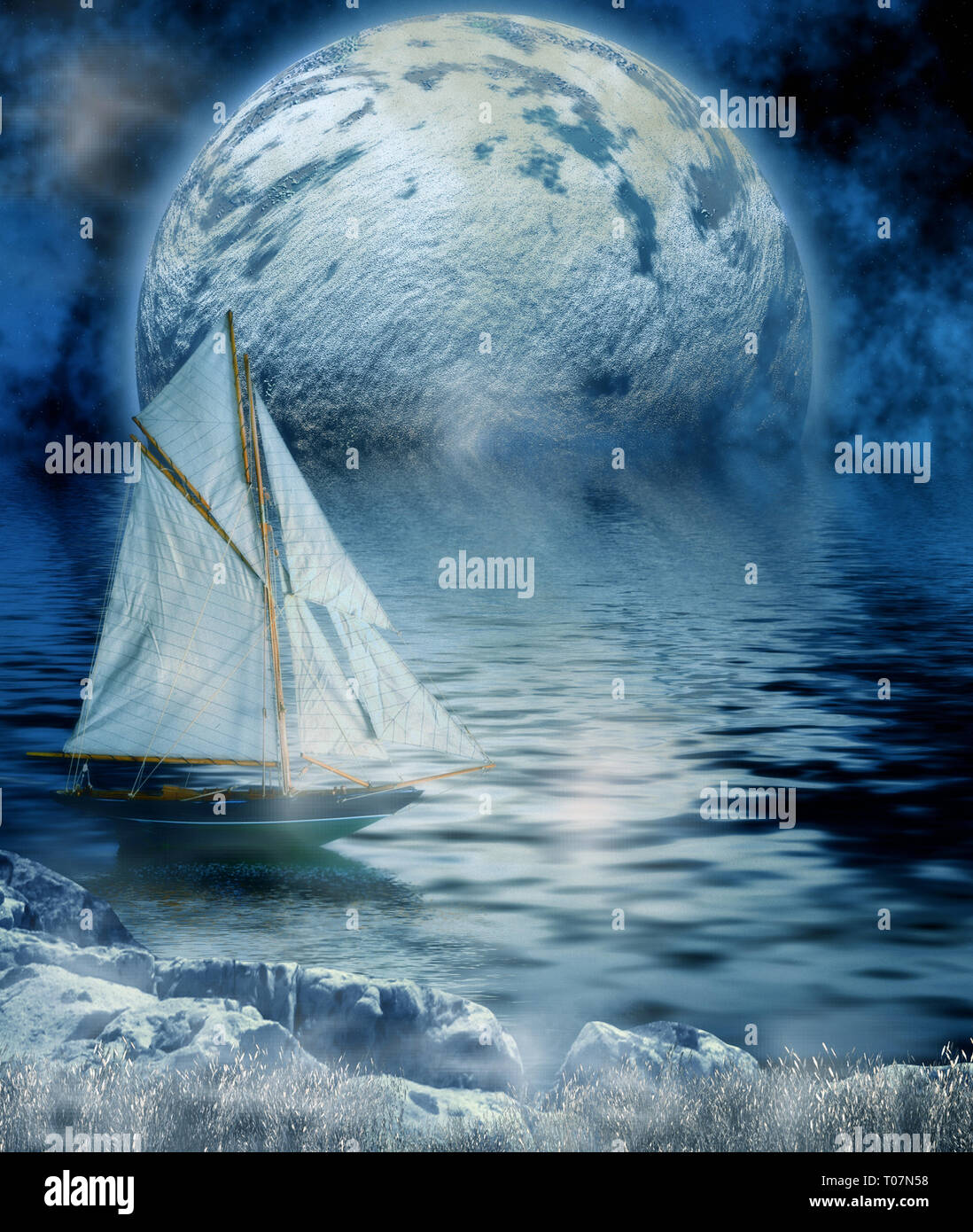 illustration of sea with boat and moon in the background Stock Photo ...