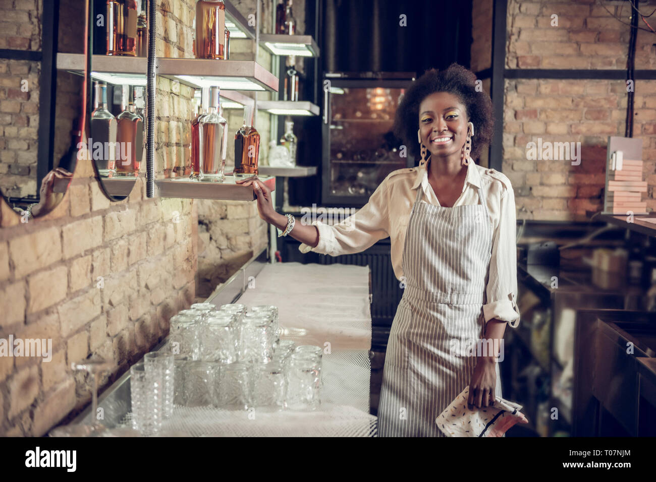 Smiling bewitching dark-haired African-American waitress standing near ...