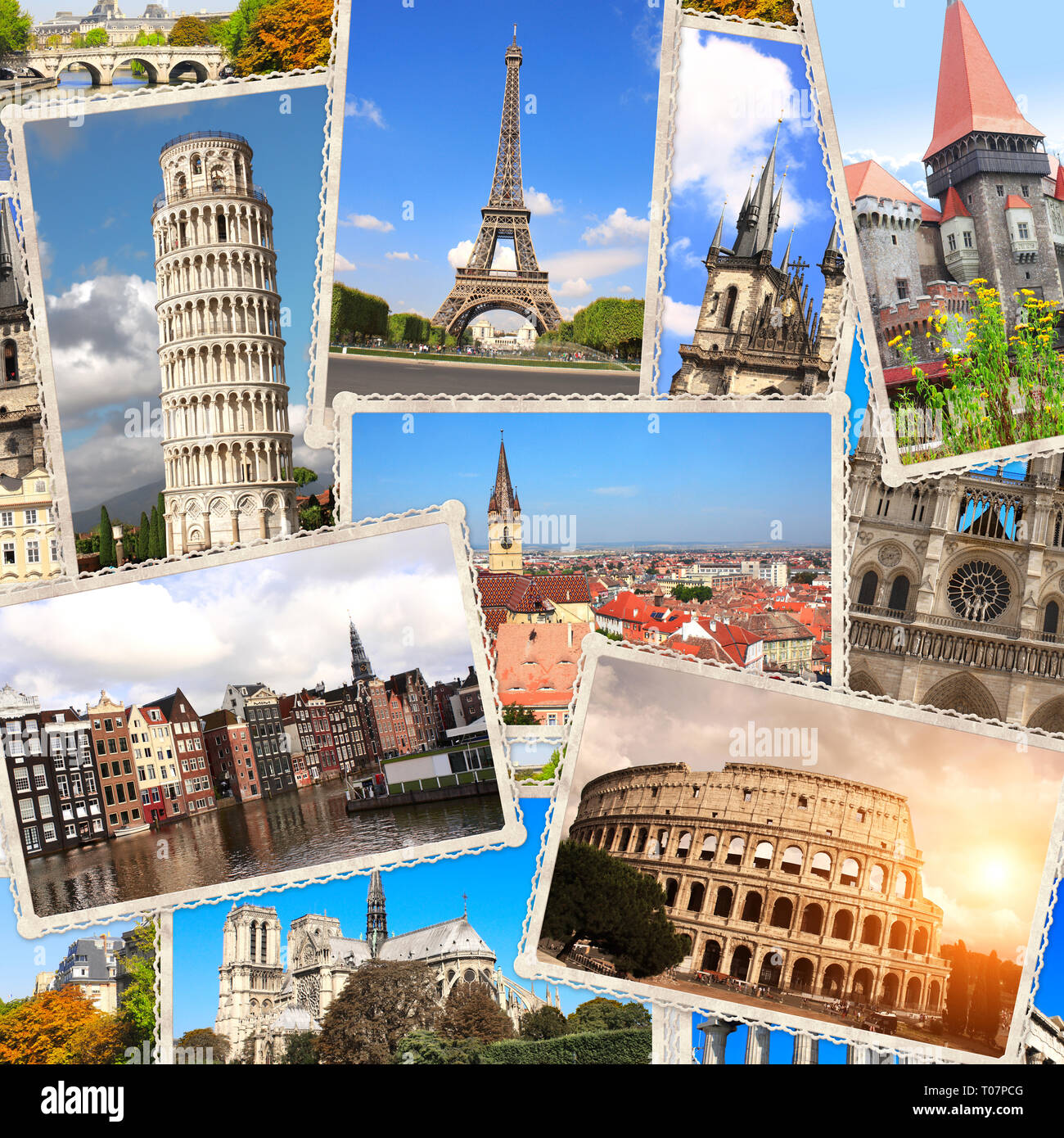 Vintage travel background with retro photos of european landmarks ...
