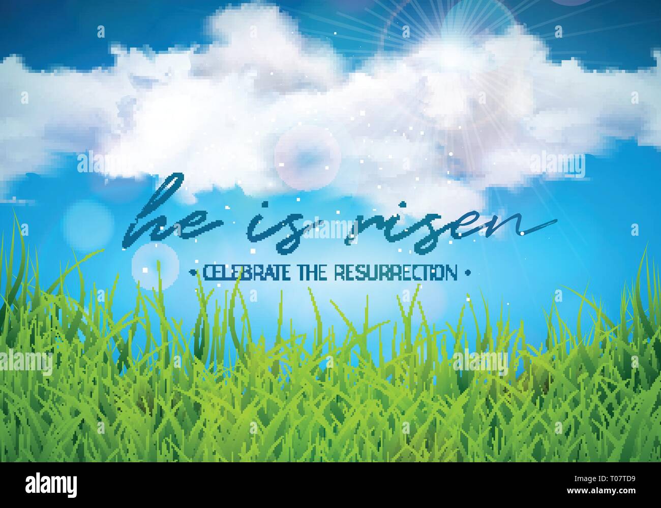Easter Holiday illustration with cloud and green grass on blue sky background. He is risen ...