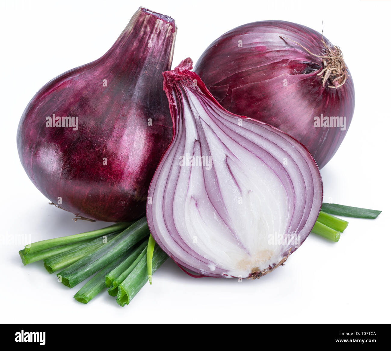Red onion bulb and green spring onions on white background Stock Photo ...