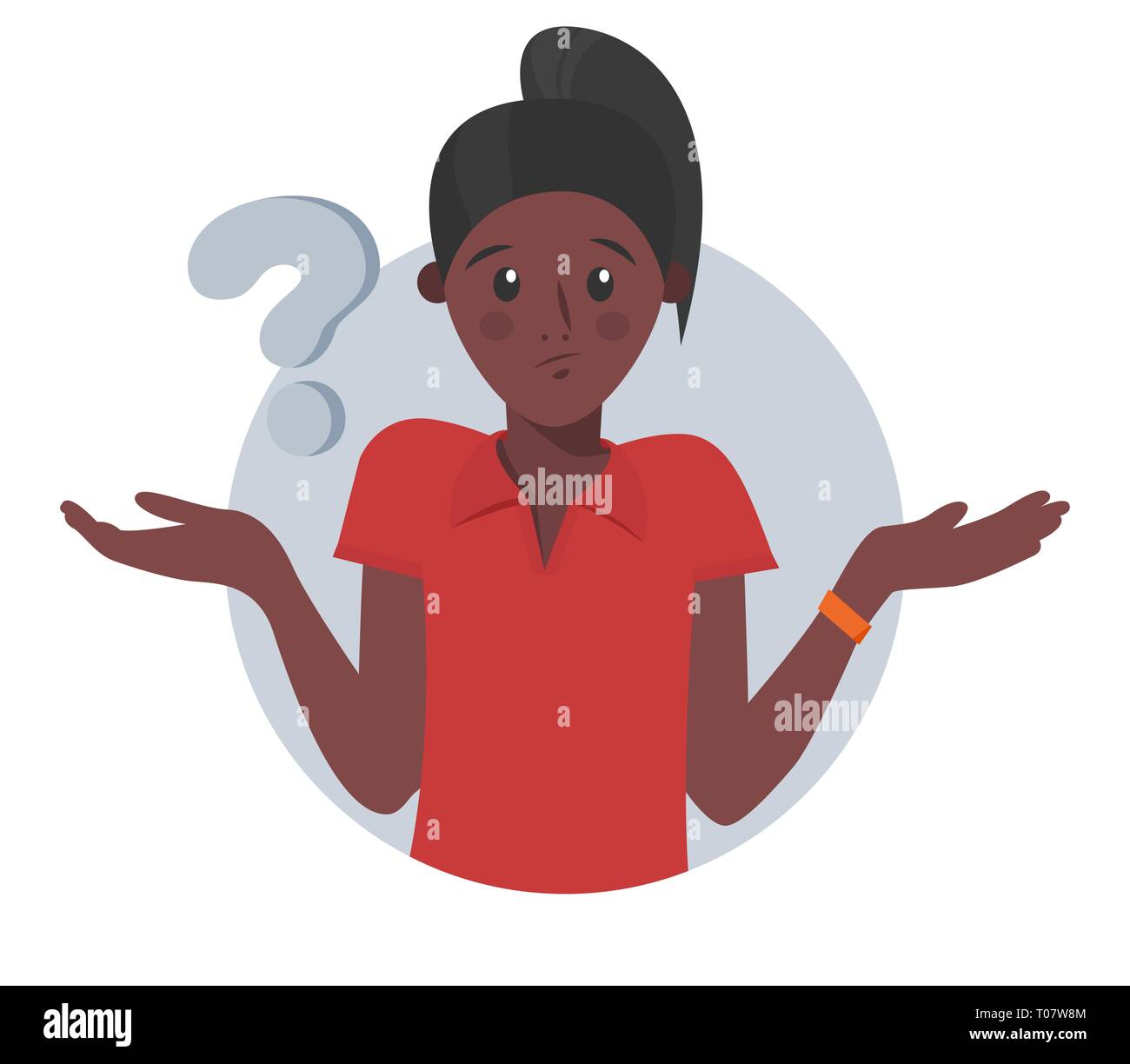 Cartoon pretty black girl doubts, thinks why. Woman with question mark ...