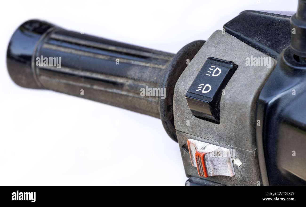 Old Motorcycle handle with headlight and turn signal lights switch on ...