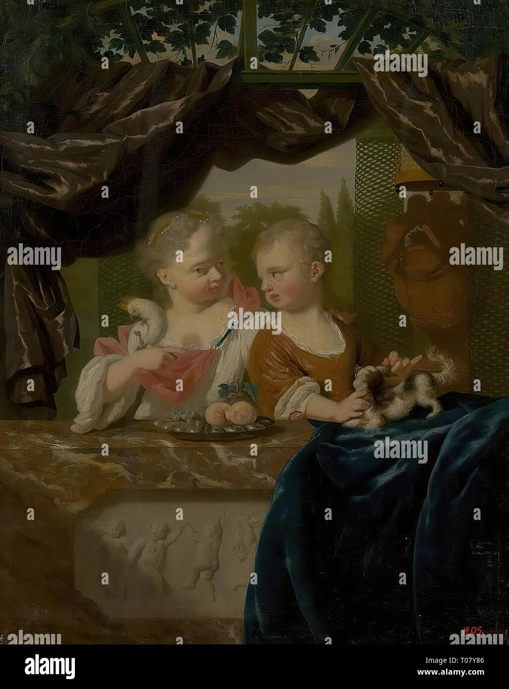 'Boy and Girl Playing with a Dog and Cockatoo'. Holland. Dimensions: 42 ...