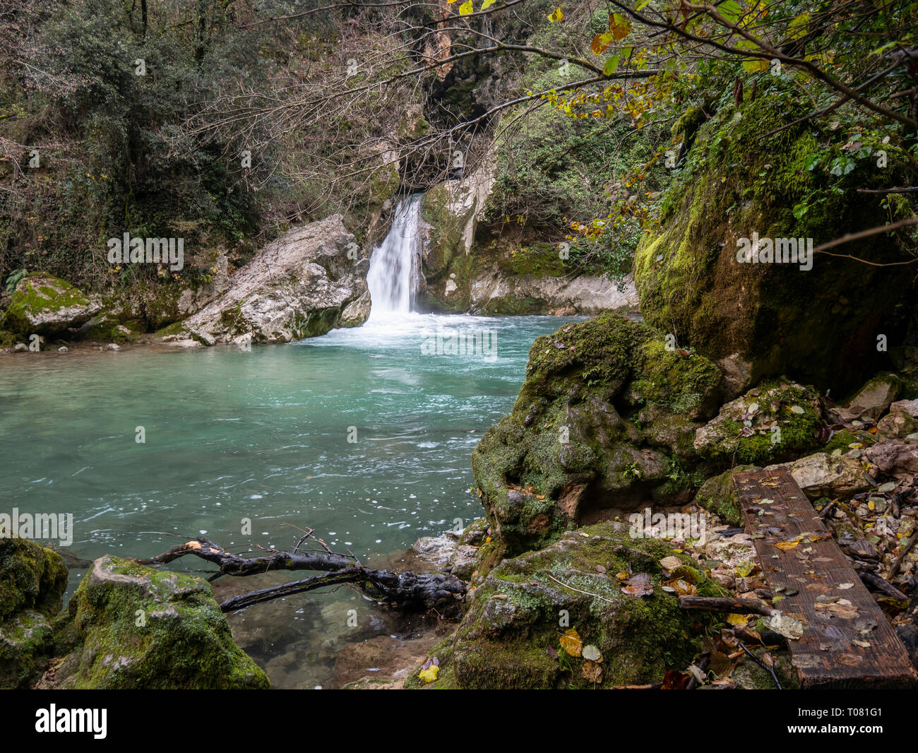 Italy, Lazio, Subiaco, path to the lake and waterfalls of San Benedetto ...