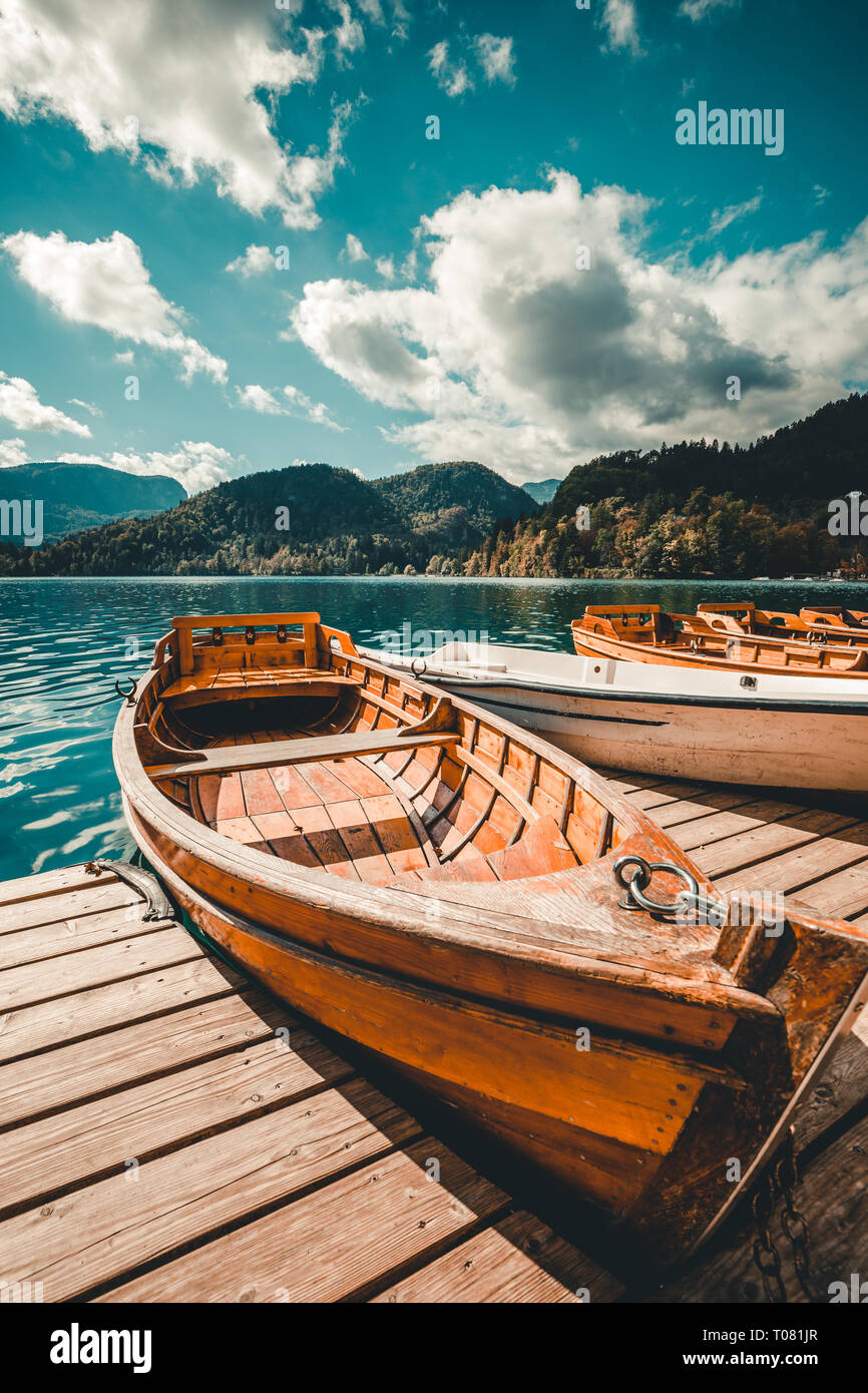 Traditional Pletna boat on the lake. .Bled lake Slovenia,Europe Stock ...