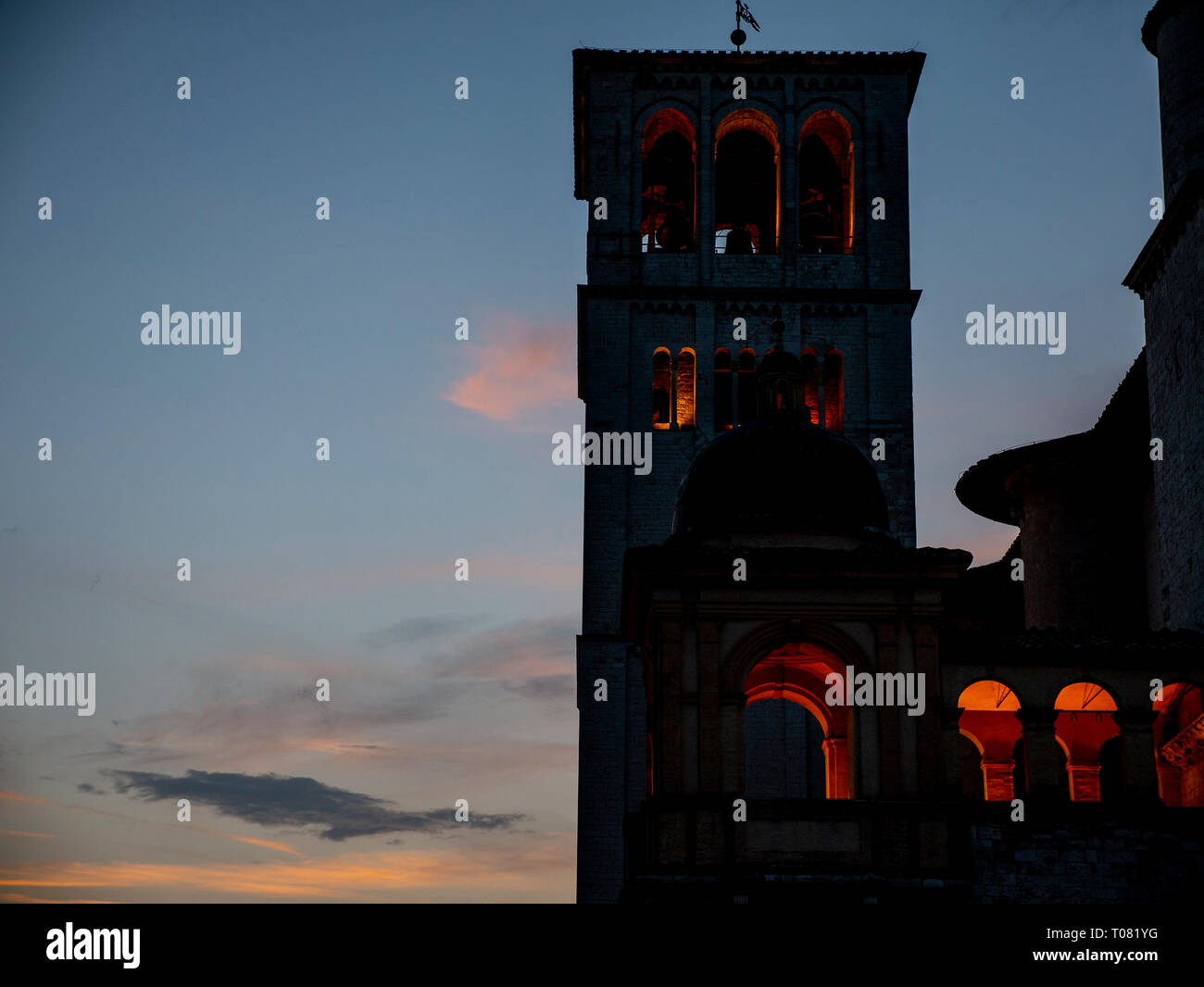 Italy, Umbria, Assisi, sunset on San Francesco d'Assisi basilica Stock ...