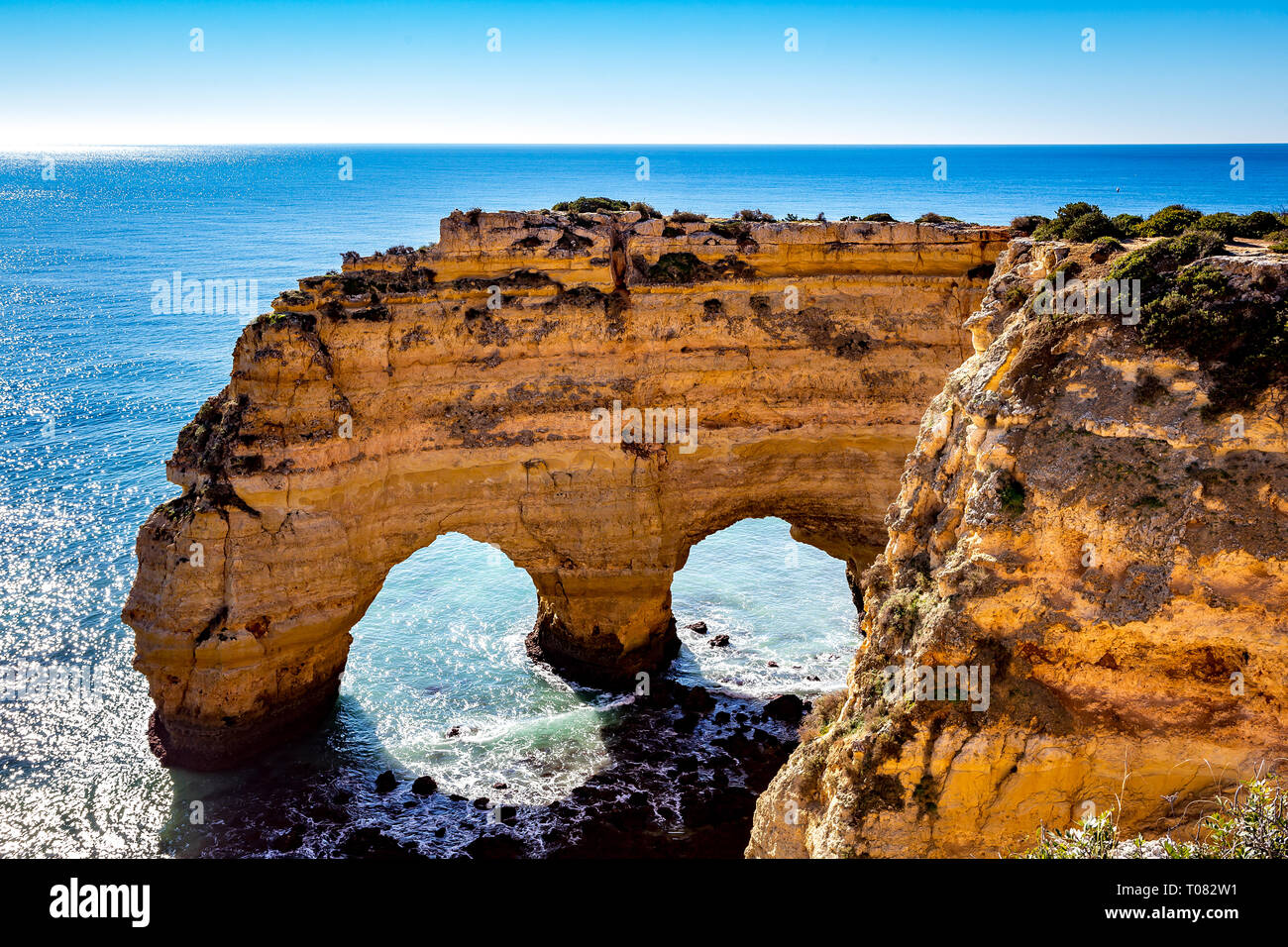Beach and cliffs of Marinha, in Lagoa, Algarve, Portugal Stock Photo ...