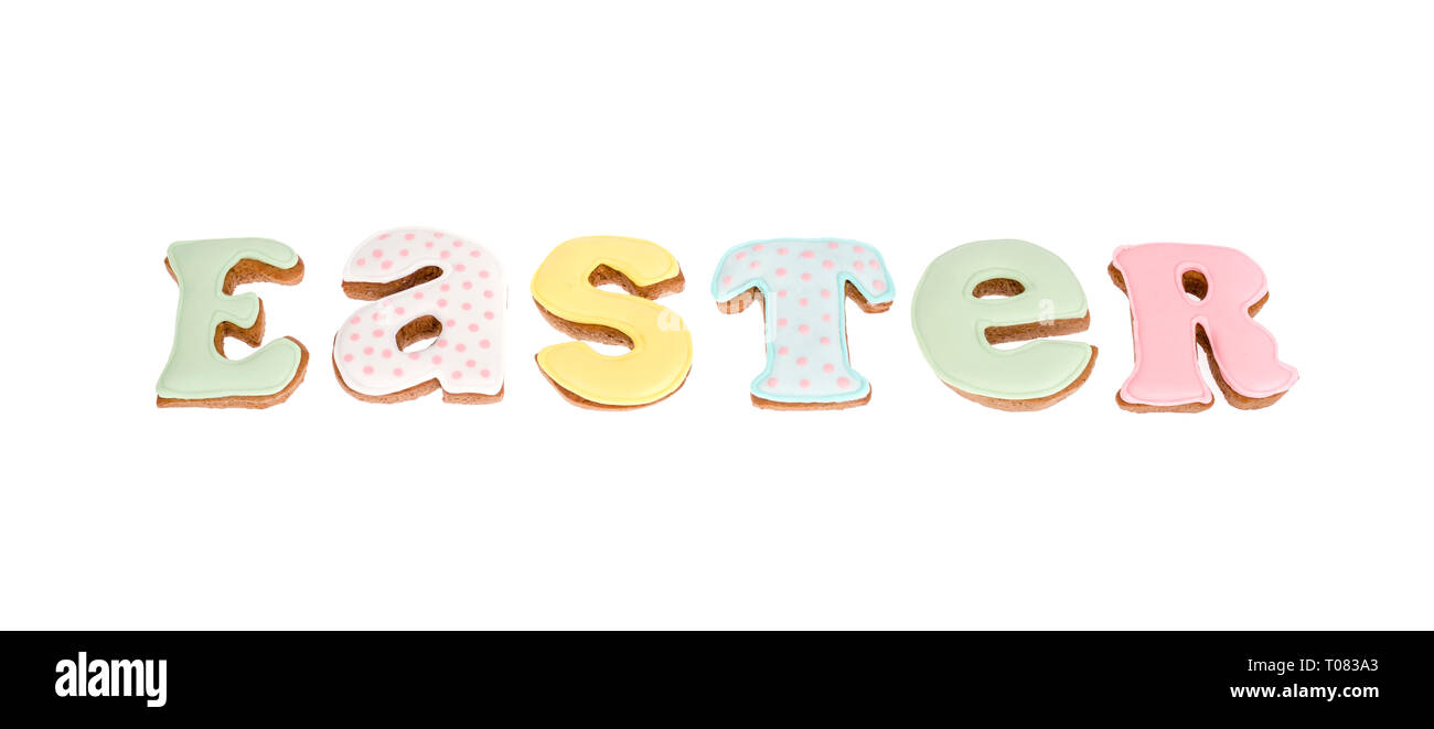 Homemade pastry biscuit letters for EASTER lettering, isolated on white ...