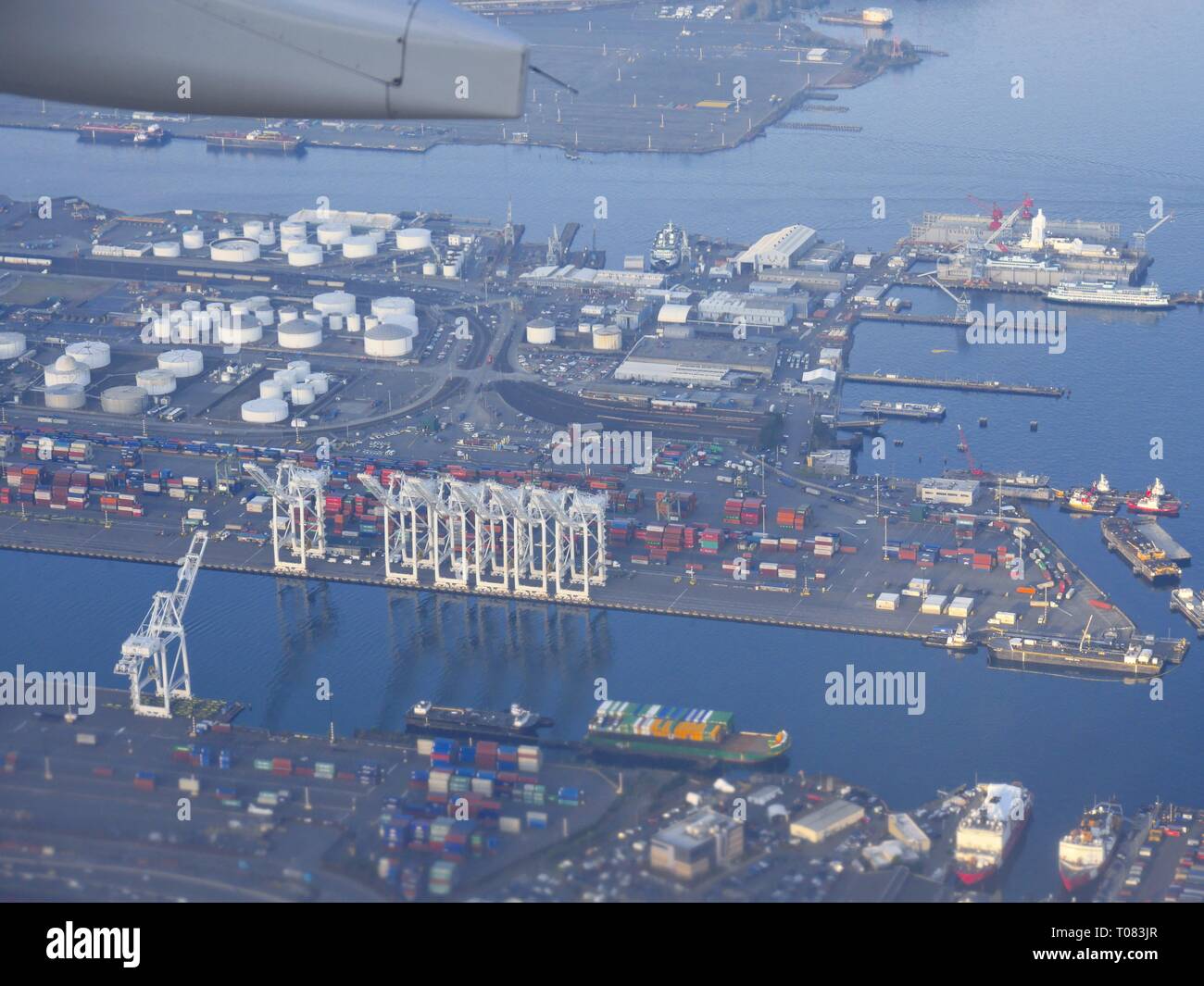 SEATTLE, WASHINGTON—MARCH 2018: Aerial view of the port areas of ...