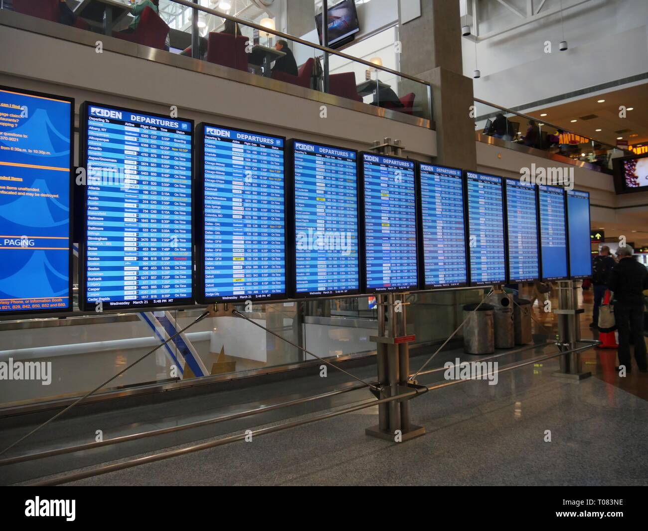 DENVER, COLORADO—MARCH 2018: Side view of the rows of digital flight ...