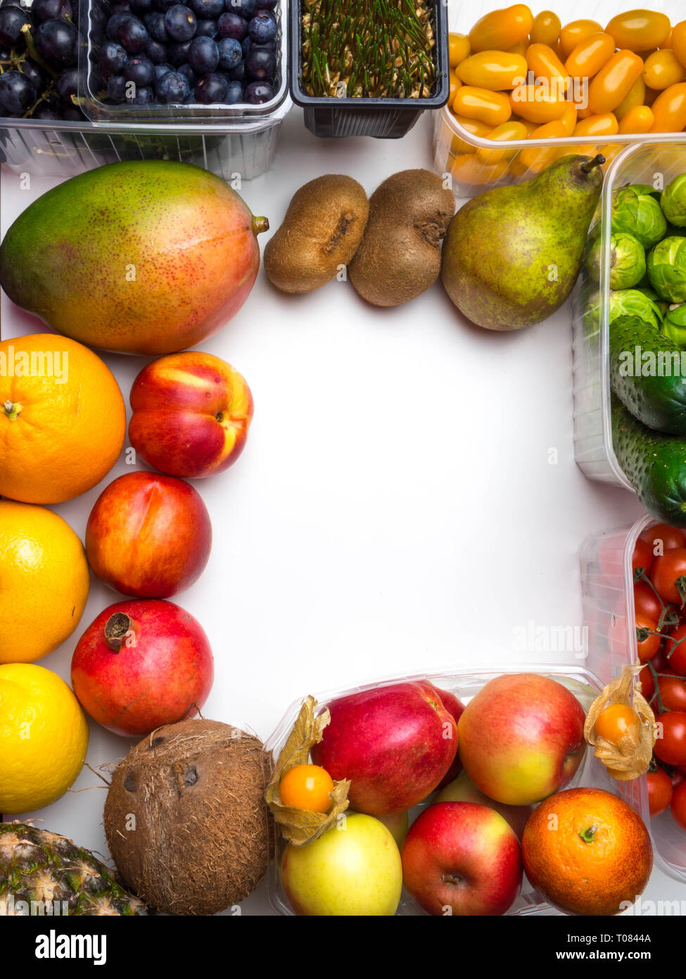 Health food for fitness concept with dairy, fresh fruit, vegetables ...