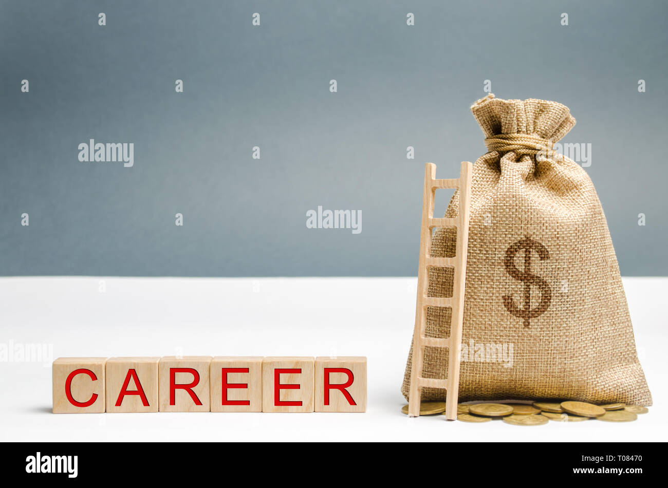 Wooden blocks with the word Career, money bag and ladder. Self ...