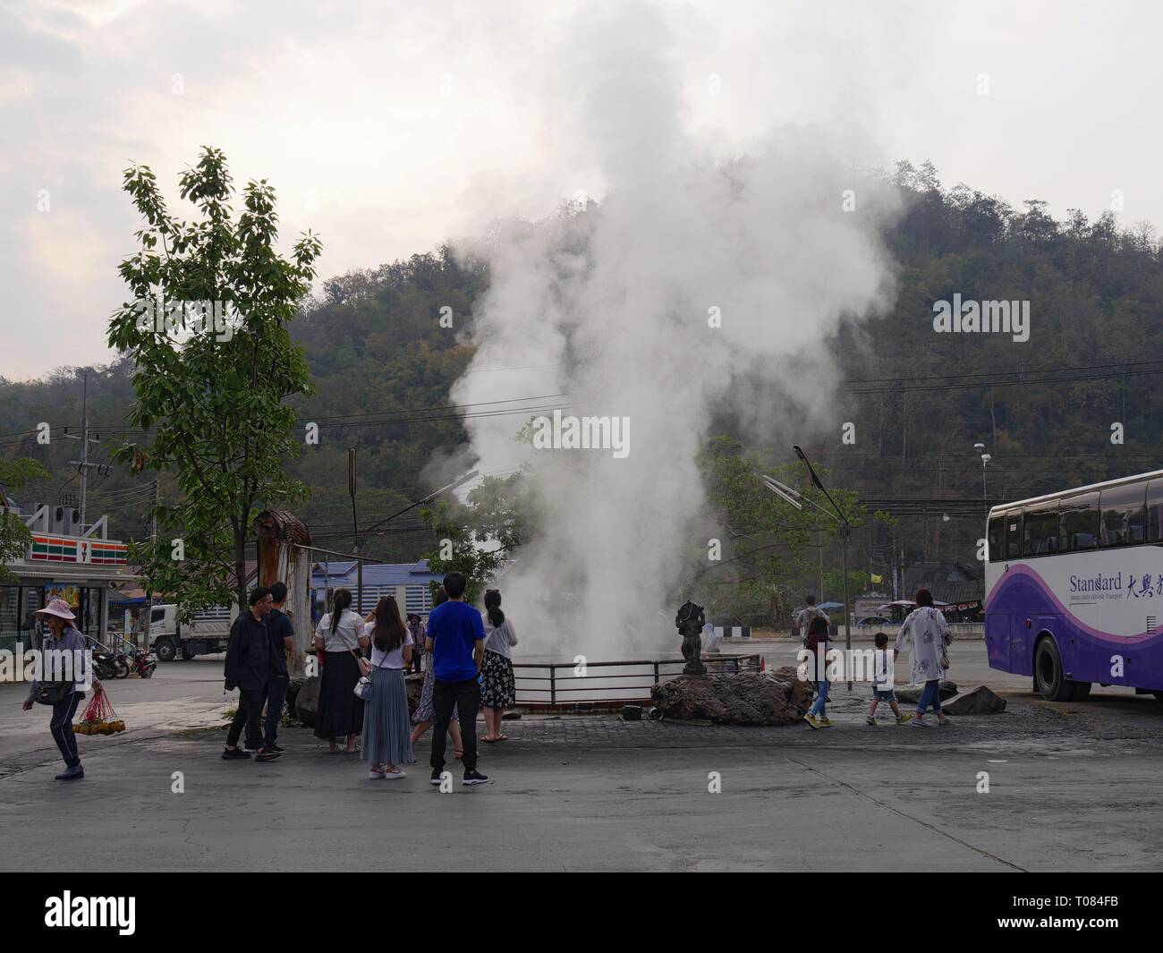 CHIANG MAI, THAILAND—MARCH 2018: Touristys watch hot steam rising from ...