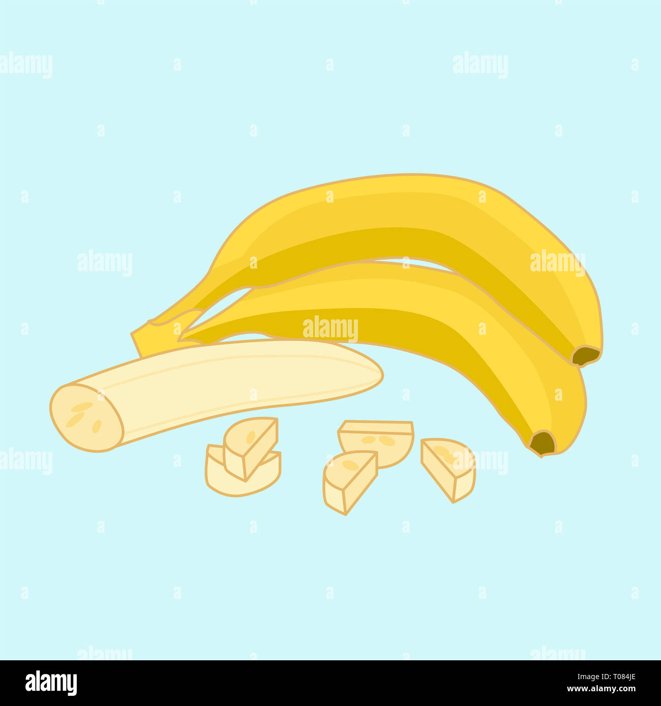 Bananas illustration, peeled banana and half sliced pieces, isolated ...