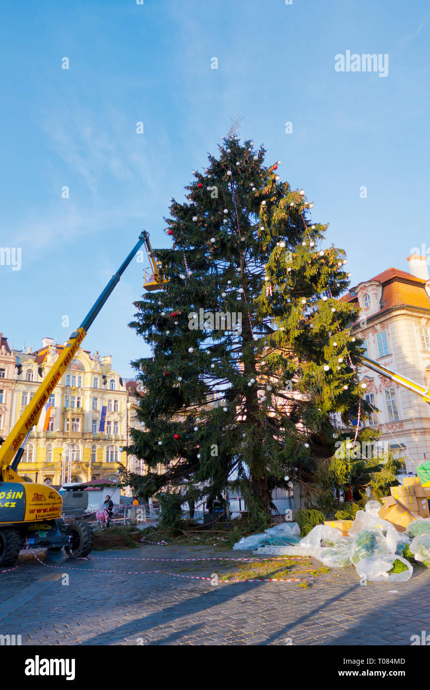 Christmas tree being decorated, old town square, Prague, Czech Republic ...