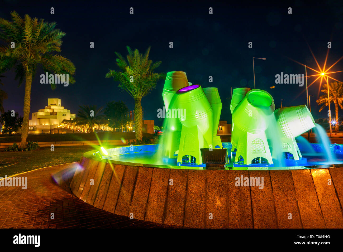 Doha, Qatar - February 16, 2019: water pots fountain or jar fountain on ...