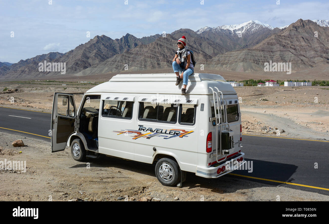 Ladakh, India - Jul 19, 2015. Tourist enjoying on mini van in Ladakh ...